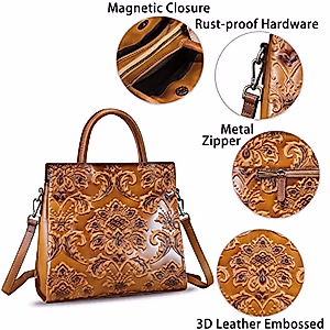 Genuine Leather Satchel for Women Top Handle Handbag Handmade Embossed Vintage Satchel Retro Crossbody Handbags Purse Hobo Bag (Brown)