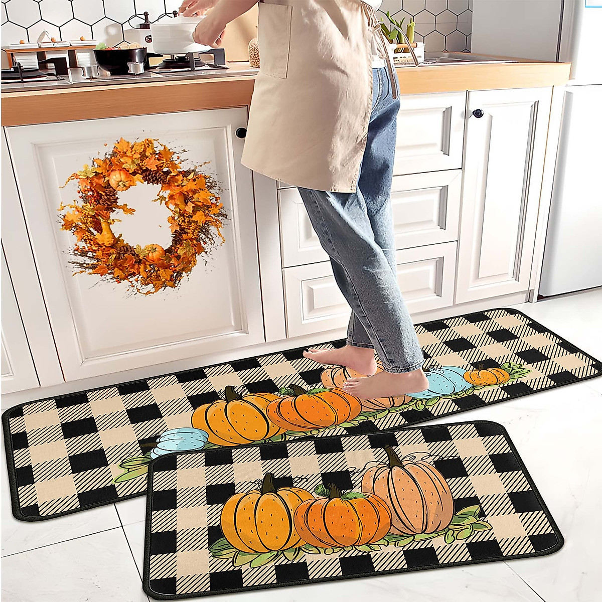 Buffalo Plaid Pumpkin Fall Decorative Kitchen Rugs Set of 2,Non Skid Washable, Home Seasonal Fall Holiday Party Autumn Harvest Thanksgiving Kitchen Mat 17"x47"+17"x30"