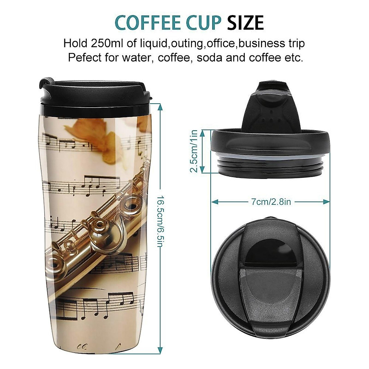NTVOWPZO Travel Coffee Mug Flute Music Insulated Travel Mug Stainless Steel Coffee Tumbler Travel Coffee Cup Reusable Coffee Cups with Lids for Hot And Cold Drink