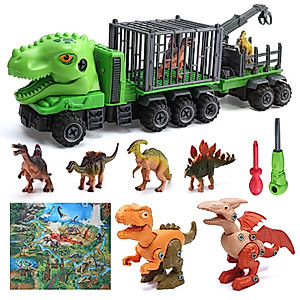 skirtoy DIY Building Dinosaur Toys for Kids, Take Apart Dinosaur Transport Truck with Playmat, 2 Dinosaur Toy, 4 Dino Figures, 2 Tools, Dinosaur Construction Playset Birthday Gift for Boy Girl