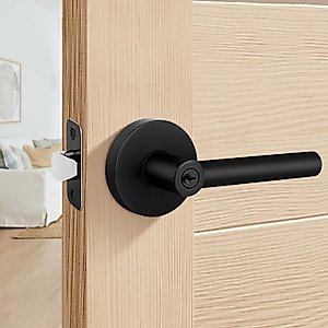 Gaurqiah Entry Door Lock with Keys,Heavy Duty Door Lever, Round Door Handle for Exterior/Interior Doors, Reversible Door Lever for Bedroom or Office-Matte Black Finish