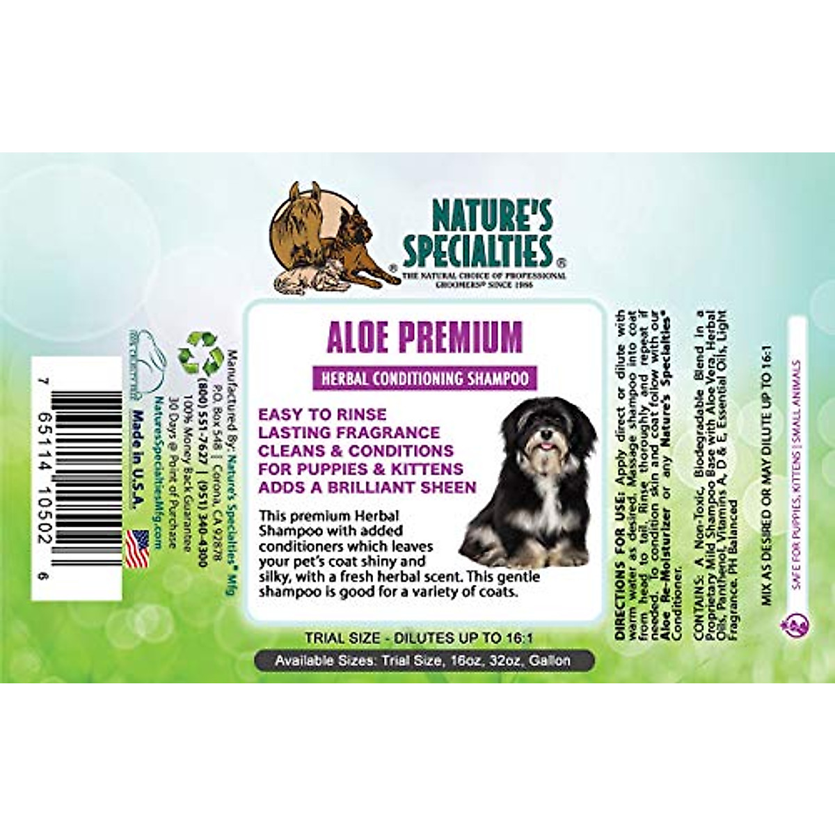 Nature's Specialties Aloe Premium Ultra Concentrated Dog Shampoo Conditioner for Pets, Makes up to 16 Gallons, Natural Choice for Professional Groomers, Herbal Aloe Infused Formula, Made in USA, 1 gal