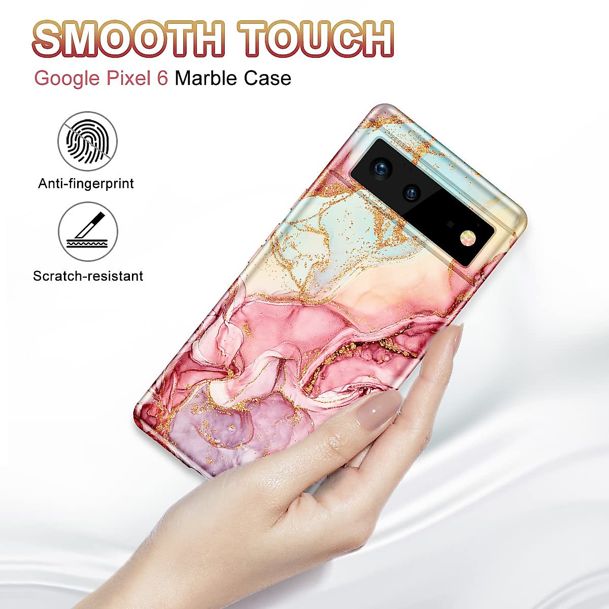Btscase for Google Pixel 6 Case, Gold Glitter Bling Marble Pattern Hard PC Slim Fit Shockproof Full Body Rugged Drop Protective Women Girls Cover Cute Case for Google Pixel 6 (2021), Rose Gold
