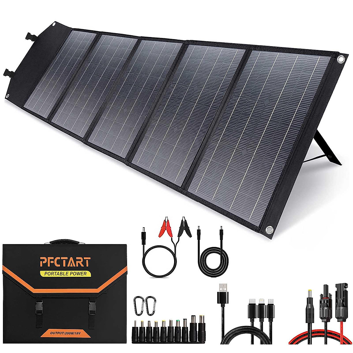 200W Portable Solar Panel for Jackery/BLUETTI/ECOFLOW Power Station, 18V Solar Panel, IP65 Waterproof Solar Panel kit with 2 USB QC + 1 PD + MC4 Output