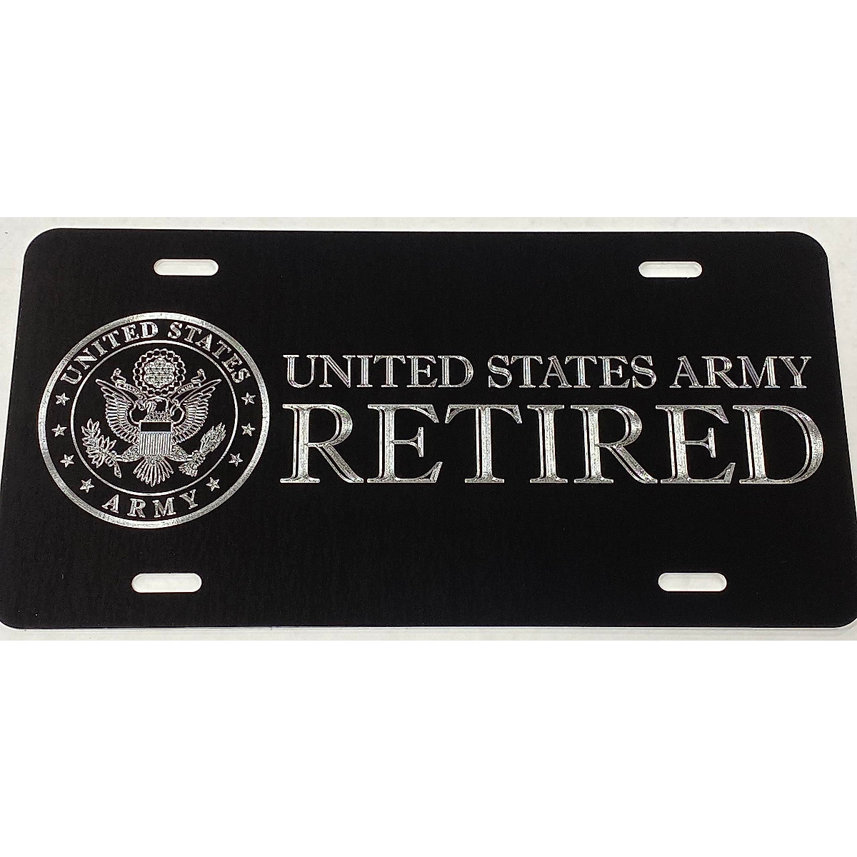 Engraved US Army Retired Car Tag Silver Diamond Etched on Black Aluminum Vanity Front License Plate Gift