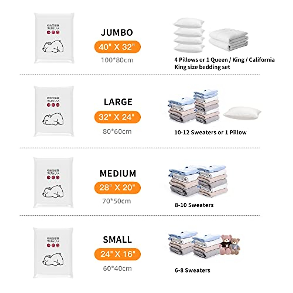 RichBears Vacuum Storage Bags, 8 Small Space Saver Bags for Comforters Blankets Clothes Pillows Bedding with Hand Pump