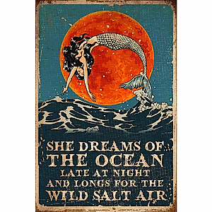 Dreacoss Vintage Tin Sign Mermaid She Dreams of The Ocean Mermaid Mermaid Lover, Girl Ocean Wave Aluminum Sign Wall Art Decor Metal Sign,Public Sign,Decoration Sign 8x12inch