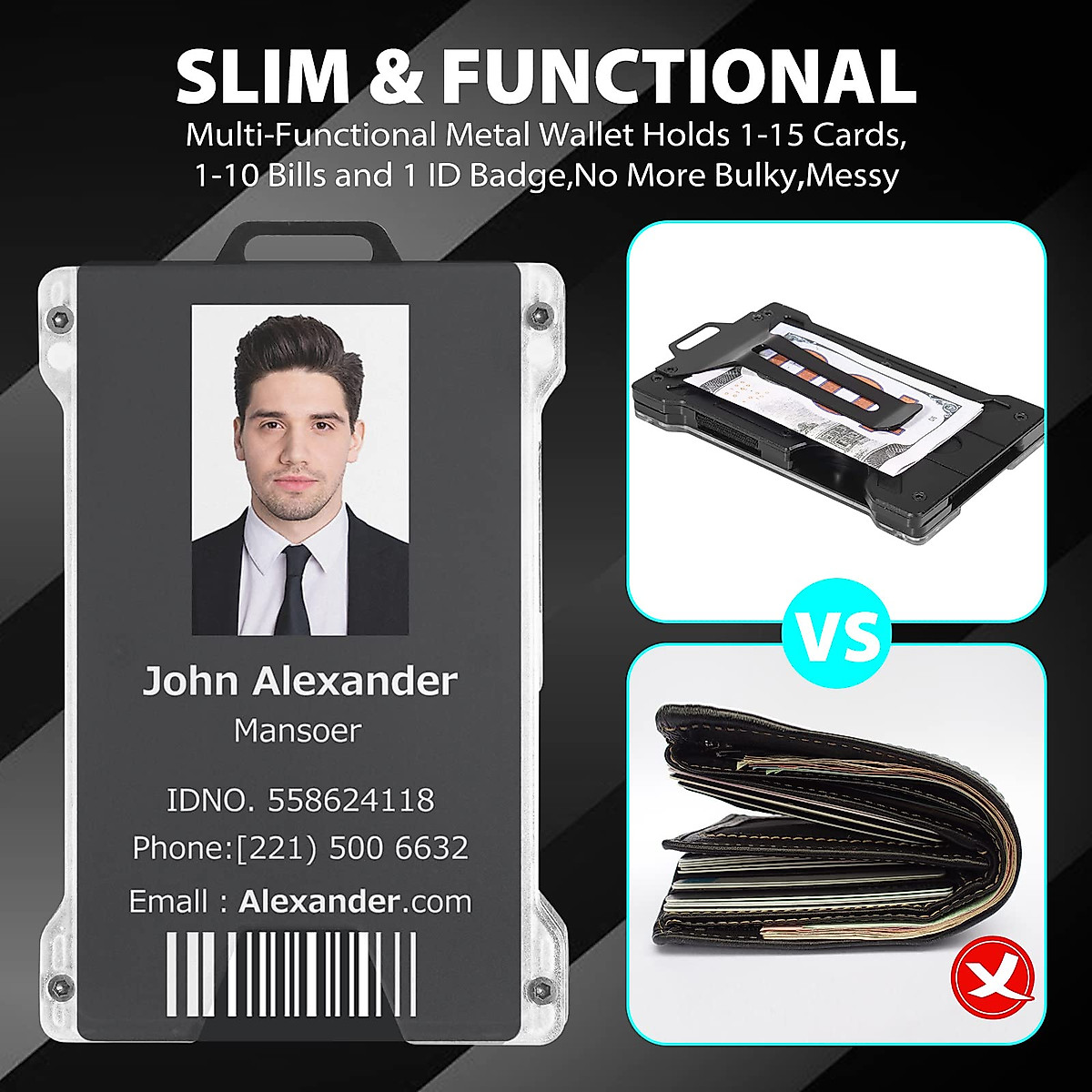 HitTopss Minimalist Wallet for Men, RFID Blocking, Slim Aluminum Metal Money Clip Wallet with Clear ID Card Holder, Holds up 15 Cards with Cash Strap, Ultra-Thin Credit Card Holder Carbon Fiber Wallet