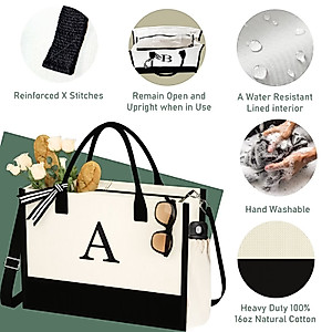 Initial Canvas Beach Tote Bag with Zipper Pockets Birthday Gifts for Women, Personalized Monogrammed Strap, Reusable Grocery Bags - Wedding Bride Bridemaids Friend Letter A