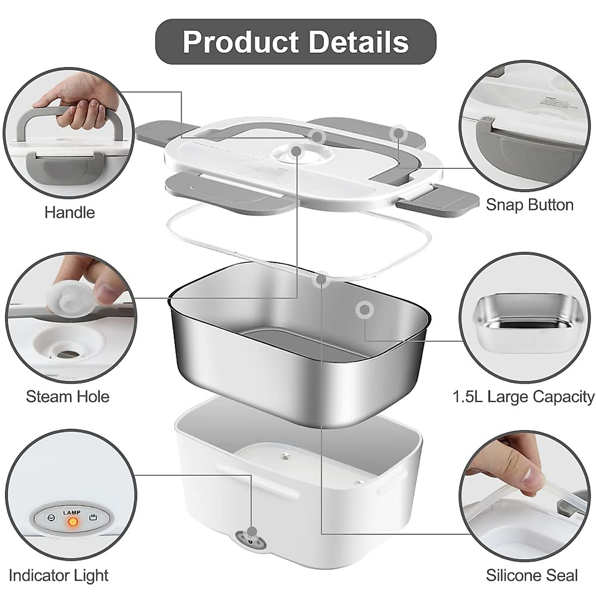 Electric Lunch Box Food Heater, FVW 3 in 1 Portable Food Warmer Lunch Box for Car & Home, Luncheaze, Leak Proof, Lunch Heating Microwave with 304 Stainless Steel Container 1.5 L, 110V/12V/24V