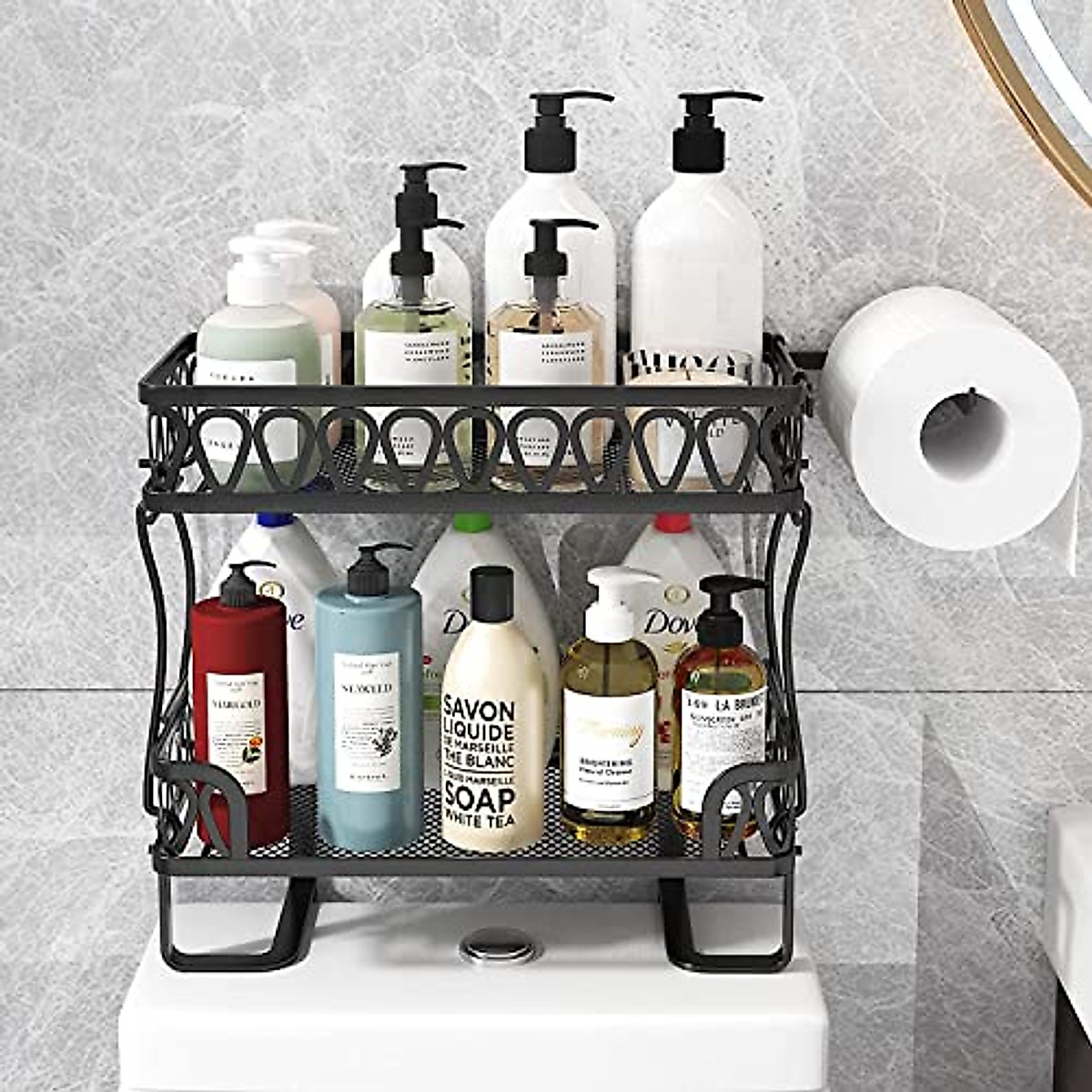 ZONEEAKO 2-Tier Toilet Storage Rack with Toilet Paper Holder and Mesh Design - Black, Durable Carbon Steel Material, Space-Saving, Easy to Assemble and Clean, Ideal for Bathroom Use (Black)