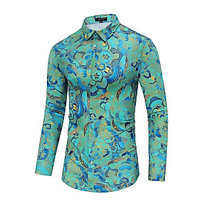 TURETRENDY Men's Paisley Floral Dress Shirt Long Sleeve Slim Fit Button Down Shirts for Prom Wedding Party, Blue Green L
