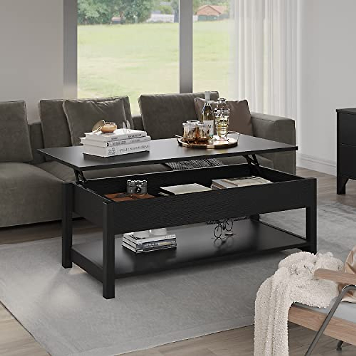 Panana Lift Top Coffee Table with Hidden Compartment & Open Storage Shelf, Lift Tabletop Farmhouse Table Pop Up Table for Living Room,Home Office Reception, 45.28" L x 21.16" W x 16.14" H (Black)