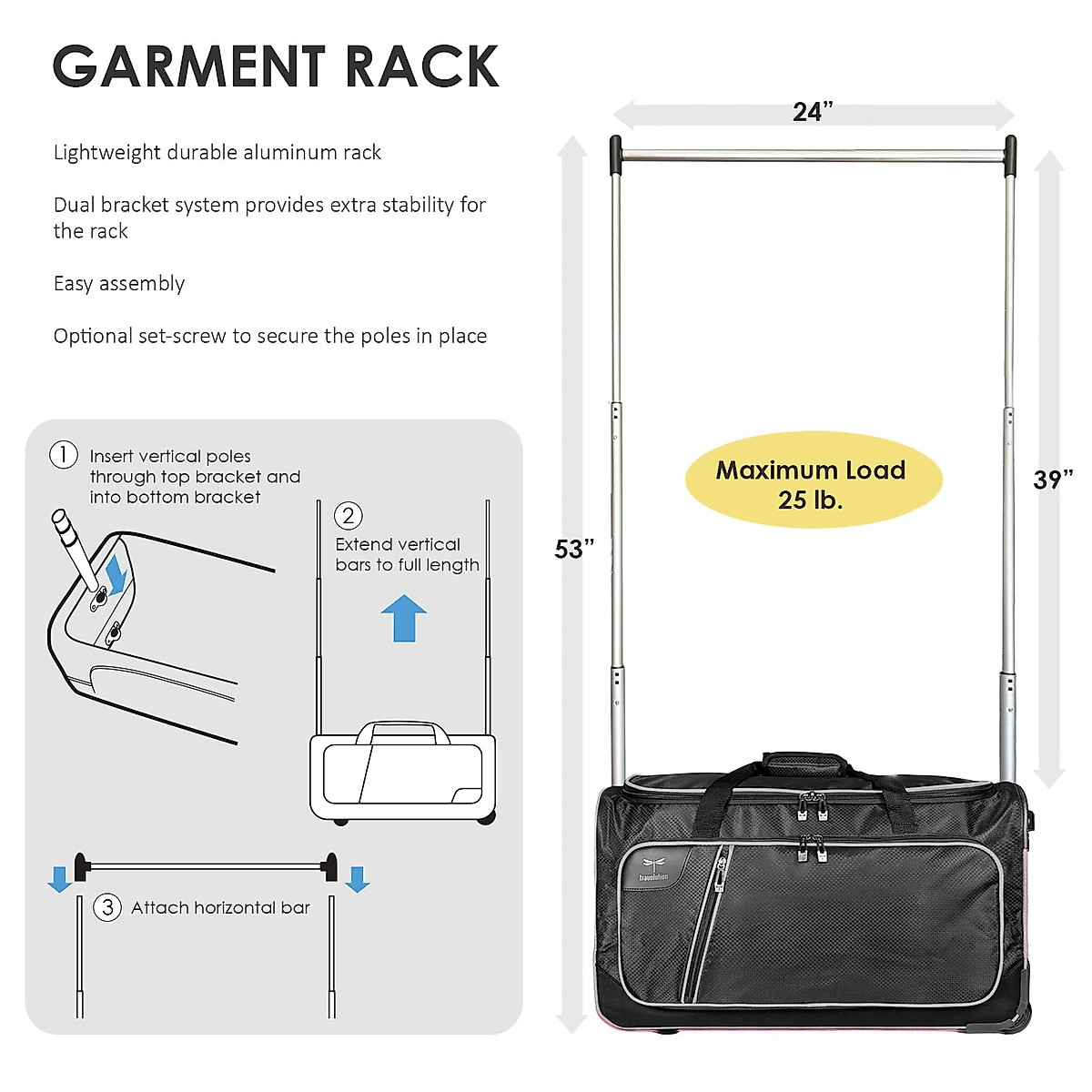 Travolution Dance Bag with Garment Rack, 24 Inch Rolling Duffel With Wheels, Ideal for Competitions & Travel, Easy-assembly Lightweight Aluminum Clothes Rack, Wheeled Upright Luggage, Black/Gray