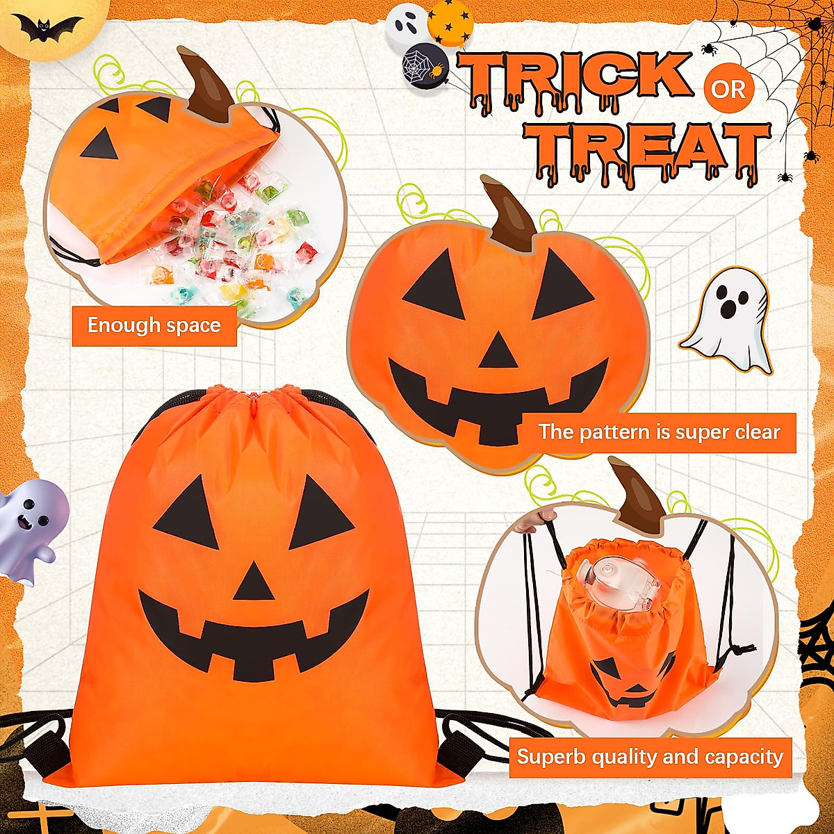 Silkfly 12 Pcs Halloween Drawstring Bags 12 x 10 Inch Trick or Treat Drawstring Backpack Bags Goody Gift Bags for Halloween Party
