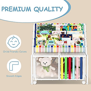 MESHDO Kids Book Shelf with Storage, 3 Sling Bookshelf for Kids, Metal Book Shelf for Kids Rooms, Bookcase with Toy Storage Organizer Box on Wheels for Nursery, Toddler's Room, Bedroom, Playroom