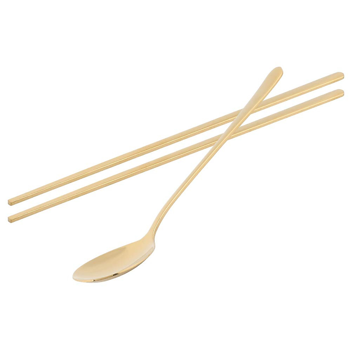 QANYEGN 304 Stainless Steel Spoon and Chopsticks, Flat Long Handle Chopsticks and Spoon Set with Gift Box, Korean Tableware Set for Home Kitchen, Restaurant(Gold)