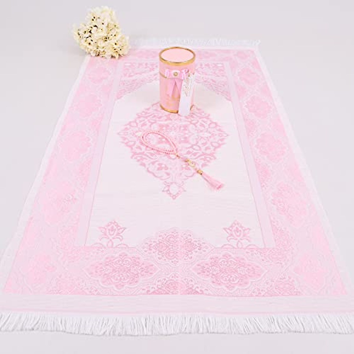 Islamic Elite Favors Personalized Muslim Lightweight Travel Prayer Rug Prayer Beads Set, Prayer Mat Tasbeeh Set, Ramadan Eid Hajj Umrah Wedding Birthday Graduation Mother's Day (Pink)