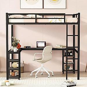 Loft Bed Full Size, Metal Loft Bed Frame with Desk and Storage Shelves, Heavy-Duty Kids Loft Beds with Ladder & L-Shape Desk for Boys Girls Teens, Black