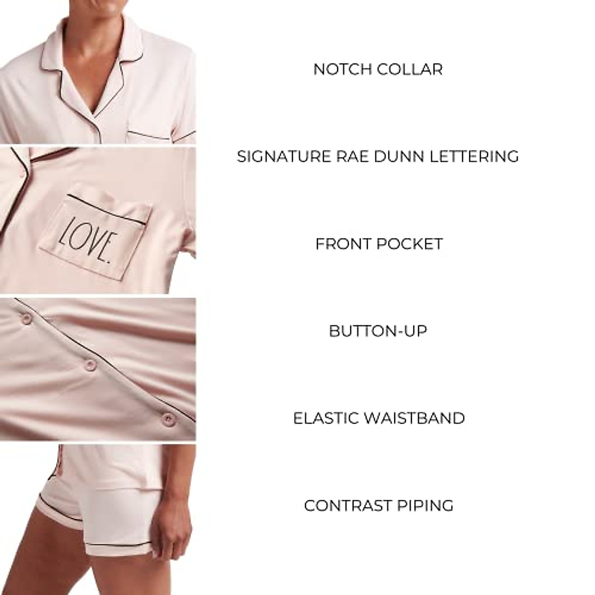 Rae Dunn Women's Pink LOVE Short Sleeve Button Up Notch Collar Shirt with Pocket and Shorts Pajama Set, Small