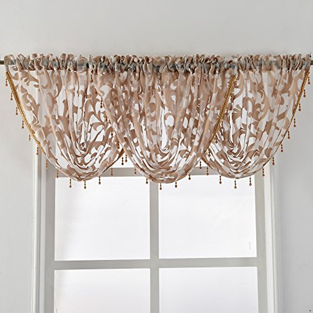 NAPEARL Swag Valance for Windows-Beige Organza Sheer Waterfall Valance, Elegant Beaded Valance Curtain for Bathroom, Kitchen, Small Windows (1 Valance, 57 x 37 Inch)