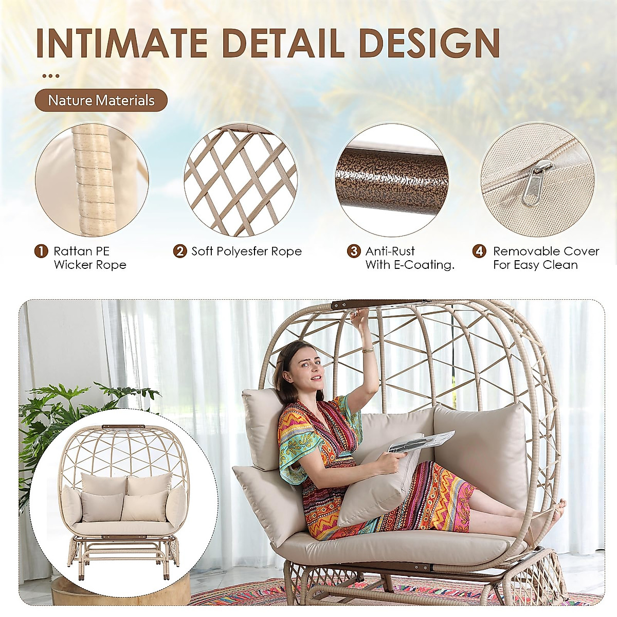 RADIATA Oversized Wicker Double Egg Chair w/ 7 Cushions 500lb Capacity Lounge Basket with Strong Heavy-Duty Steel Frame for Indoor Outdoor Patio Backyard Living Room (Beige)