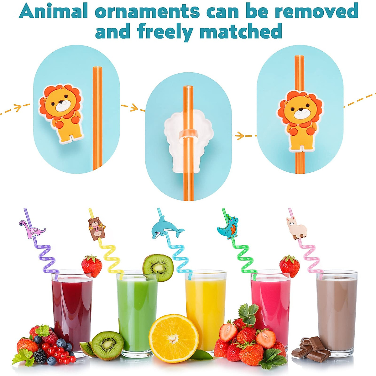 NiHome 24 Reusable Plastic Animal Straws with 2 Cleaning Brushes, Dolphin Dinosaur Lion Shark Jungle Safari Party Favors Kids Birthday Decorations for Boys Girls, Fillers for Baby Shower Goodie Bags