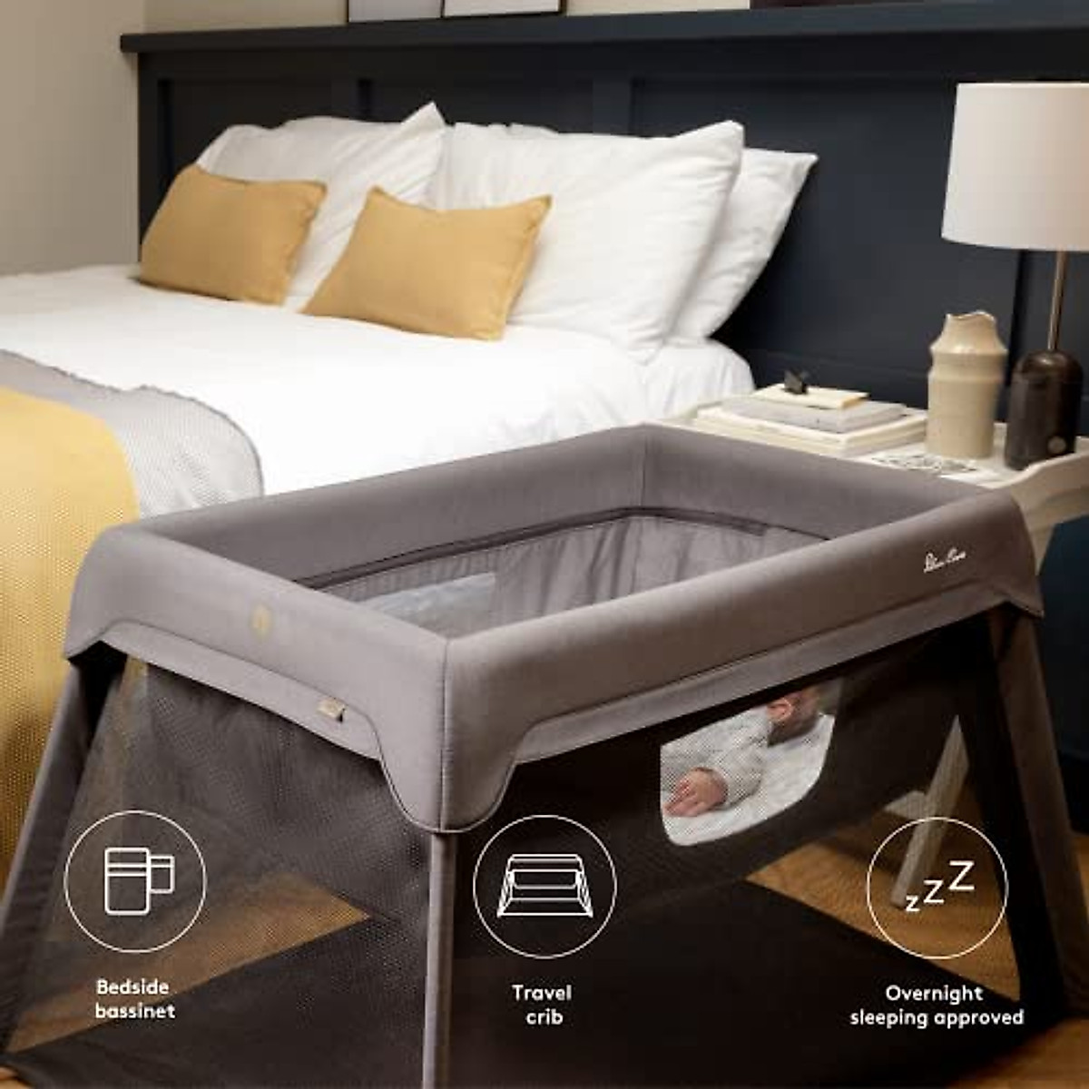 Silver Cross Slumber 3 in 1 Travel Crib in Black - Multi Use, Converts from Bassinet to Crib to Playard - Portable, Lightweight, Easy to Pack with Comfortable Mattress, for Infants to Toddlers