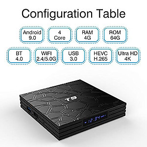 Android 9.0 TV Box, T9 TV Box 4GB DDR3 RAM 64GB ROM RK3318 Quad-Core Cortex-A53 64 Bits Bluetooth 4.0 Support 2.4/5.0GHz Dual WiFi 4K 3D Ultra HD H.265