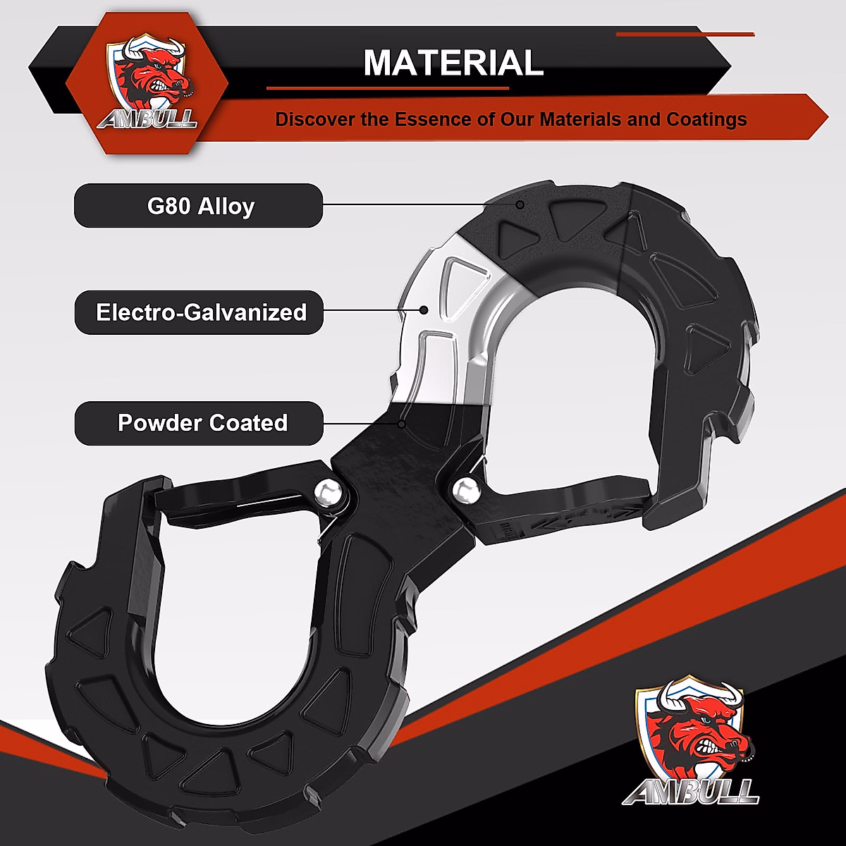 AMBULL 3/8 Tow Hook, Winch Hook for Off-Road Recovery, Towing Shackle 33000 Lbs, G80 Heavy Duty Strength Integrated Winch Quick Shackle, Black