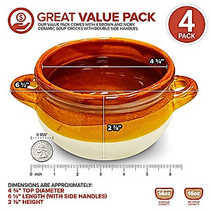 Stock Your Home 16 oz French Onion Soup Crock (4 Pack) - Two Tone Brown & Ivory Porcelain Soup Bowls with Handles -Microwave and Dishwasher Safe Crocks
