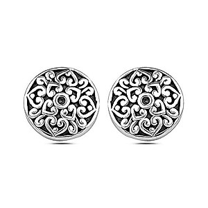 LeCalla Sterling Silver Jewelry Filigree Stud Earrings Lightweight Antique Round Filigree Cut Chunky Stud Earring for Women - 14mm