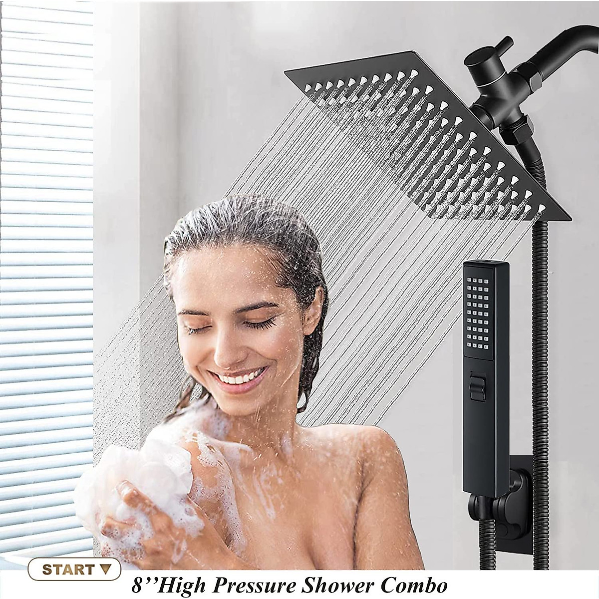 Shower Head, 8'' Matte Black Shower Head with hose, 2 in 1 Setting High Pressure Shower Heads, Anti-leak Rainfall Shower Head with Holder, Dual Rain Shower Head with Handheld Spray, Bellearlly