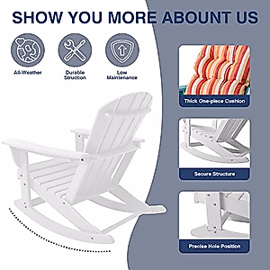 Sundale Outdoor Adirondack Rocking Chair with Cushion, HDPE Patio Plastic All Weather Adirondack Rocker, Water Resistant for Outside, Garden, Pool, Yard, White