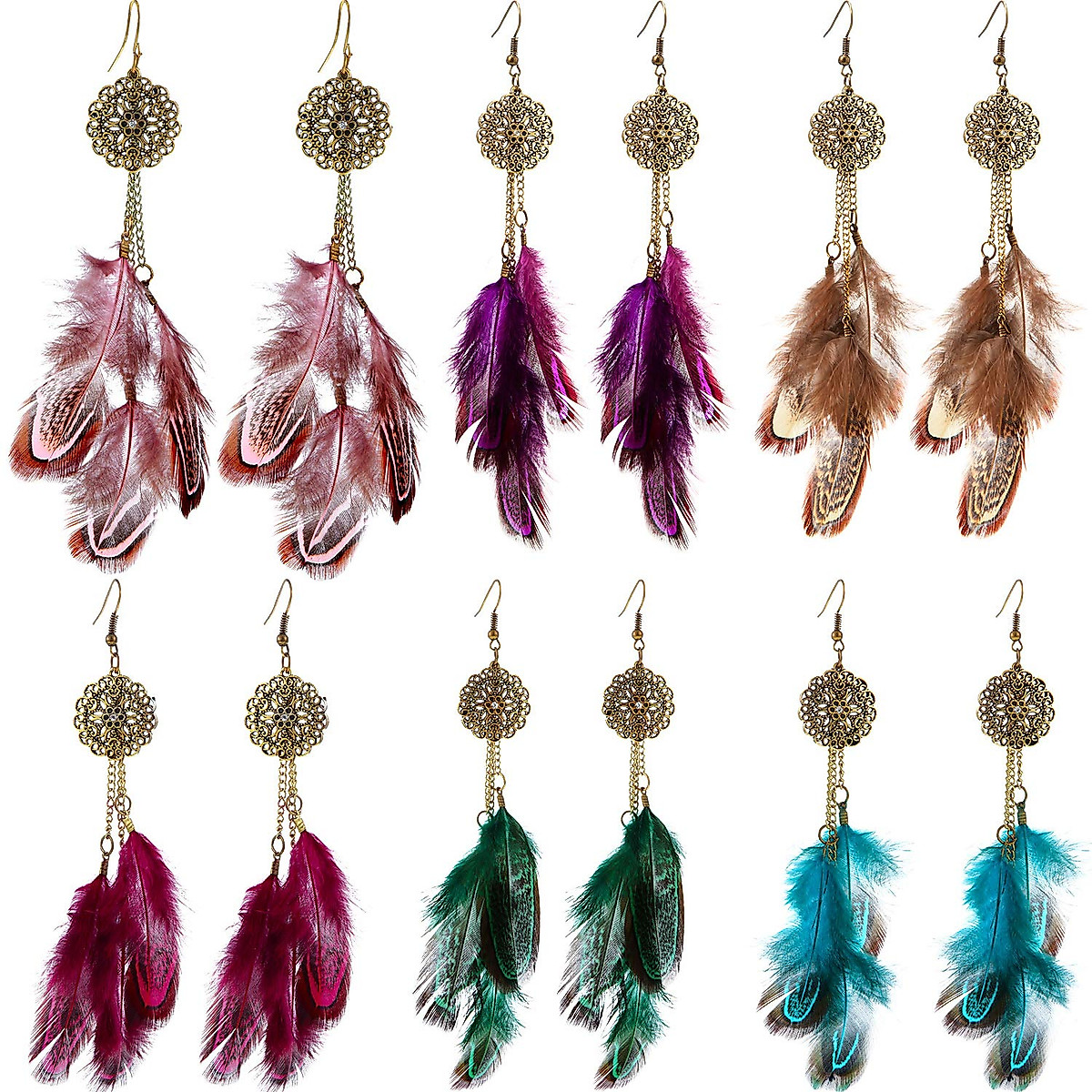 6 Pairs Women Faux Feather Earrings Dream Catcher Earring Bohemian Fringe Tassel Long Drop Dangle Earrings Set with Design for Women (Style 2)