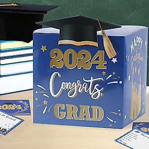 FengRise Graduation Cap Card Box, 2024 Class - Includes 36 Pcs Grad Cards, Blue Gold, Storage Box for Graduation Party Decorations, Gift Card Holder, Reusable, 7.87*7.87inch/20*20cm
