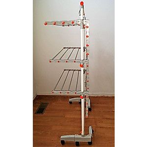 idee BDP-V23 Foldable Rolling 3-Tier Clothes Laundry Drying Rack with Stainless Steel Hanging Rods, Collapsible Shelves and Base for Easy Storage, Made-in-Korea, Premium Size, Orange