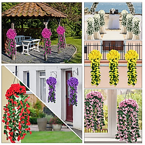 AUKUZI Artificial Hanging Flowers for Outdoor, 2 Pack Violet Ivy Fake Hanging Plant & Flowers for Home Wedding Garden Yard Hanging Baskets Wisteria Garland Orchid Bunch Decoration(Rose Red)