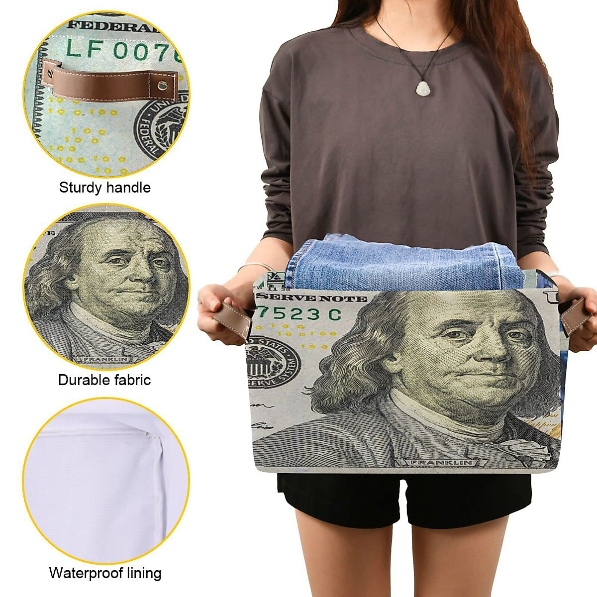 Large Foldable Storage Basket 100 Dollar Bill Printed Storage Bin Canvas Toys Box Fabric Decorative Collapsible Organizer Bag with Handles for Bedroom Home