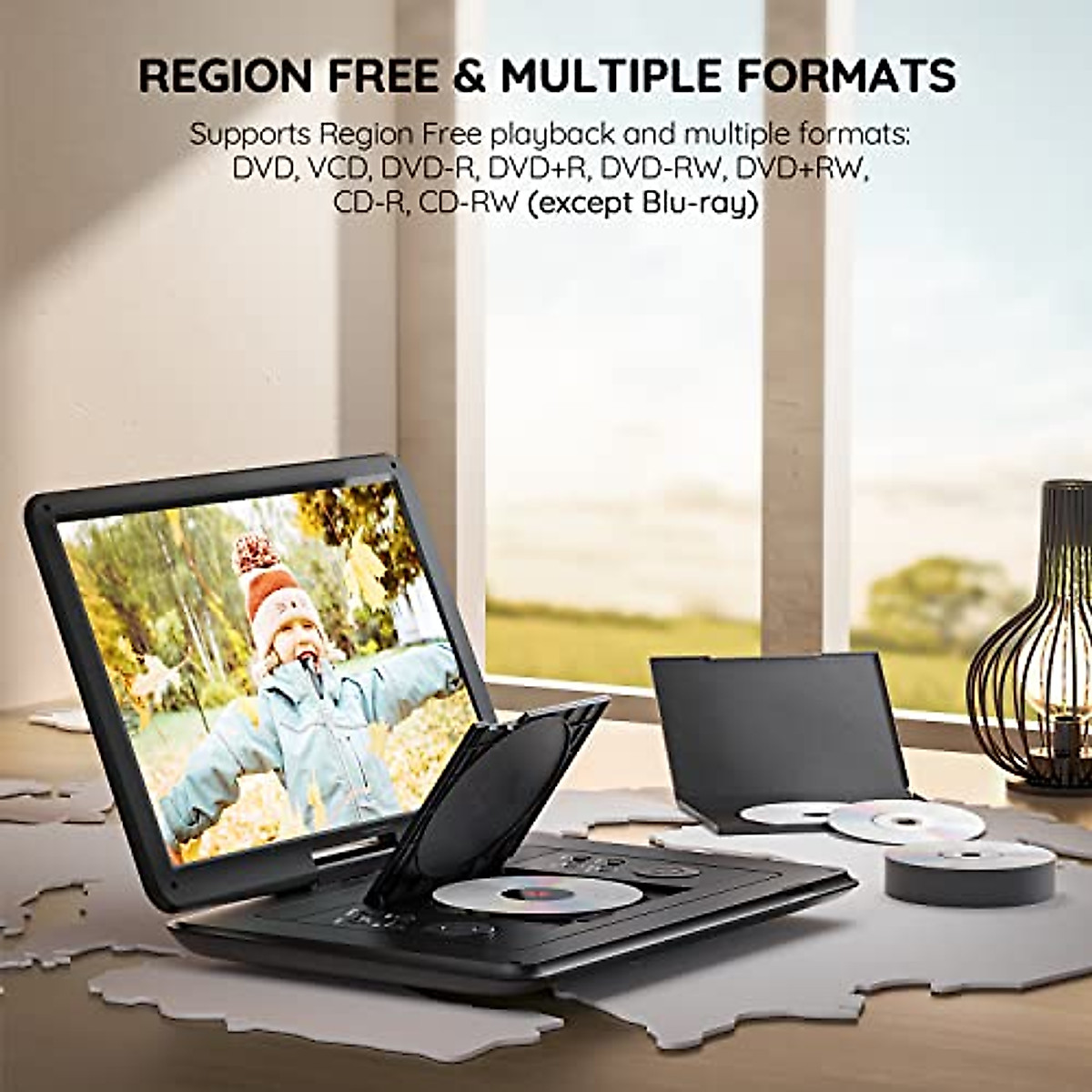 BOIFUN 16.9" Portable DVD Player with 14.1" Large HD Swivel Screen, 6 Hours Battery Life, Support FM/USB/SD Card/Sync TV Projector and Multiple Disc Formats Region Free, High Volume, Classic Black