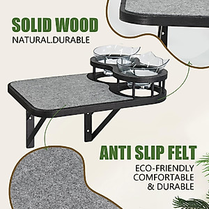 Cat Hammock Cat Wall Shelves with 3 Steps, Cat Scratching Post Cat Hammock and Perches with 2 Cat Food Bowls, Wood Cat Bed Furniture Wall Mounted, Cat Scratching Post Cat Wall Shelf