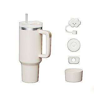 KISSKIND 40 oz Tumbler with Handle and Straw Lid Leak-proof Silicone Boot Straw Cover Cap Travel Coffee Mug Stainless Steel Water Bottle Insulated Cup for Hot and Cold Beverages Gift Idea-Cream