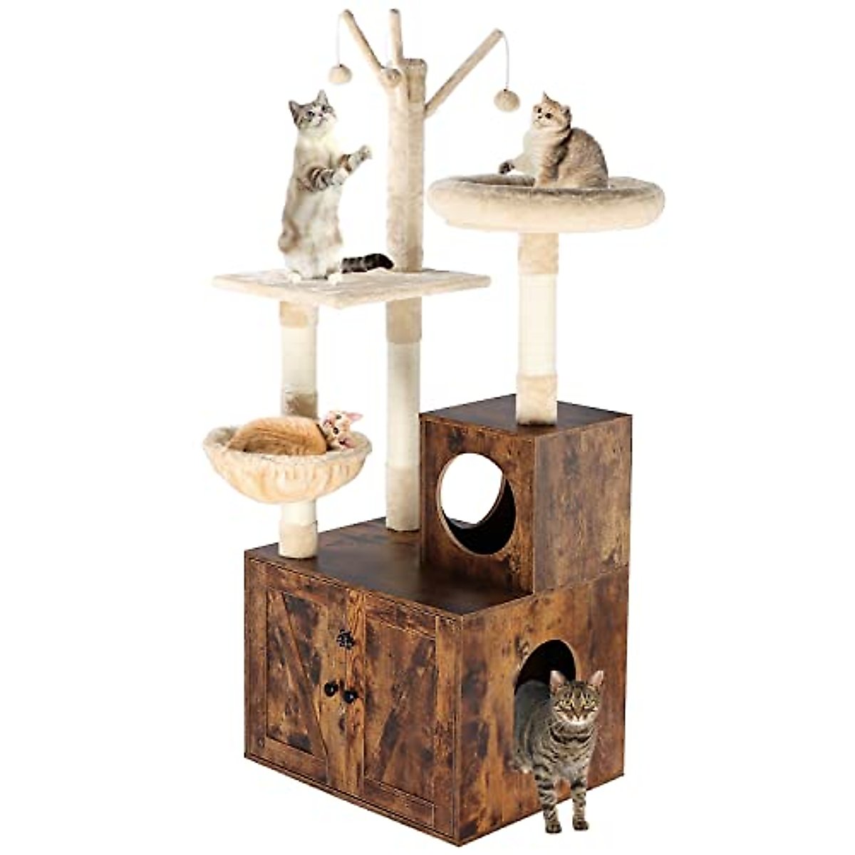 Timberer Litter Box Enclosure with Cat Tree, Wooden Cat House with Cat Tree Tower, Hidden Cat Litter Box Furniture with Scratching Post, Modern Cat Condo, Rustic Brown