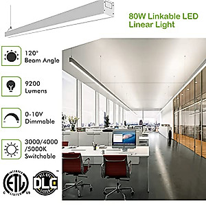 hykolity 8FT Linkable LED Linear Light, 80W 9200lm 3000K/4000K/5000K CCT Selectable, 0-10V Dimmable Architectural LED Suspension Office Lighting Fixture for Market, Garage, ETL,4 Pack - Silver