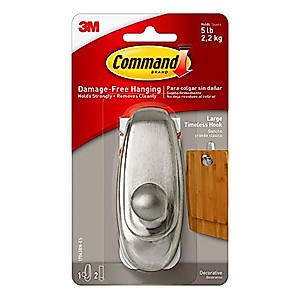 Command Large Timeless Hook, Brushed Nickel, 1-Hook, 2-Strips, Decorate Damage-Free