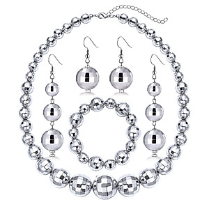 Disco Ball Earrings, Necklace & Bracelet Set - Gold & Silver Hook Dangle Earrings, Stretch Bracelet, Statement Necklace - Party Favor Gift (Silver Disco Ball Jewelry Set)