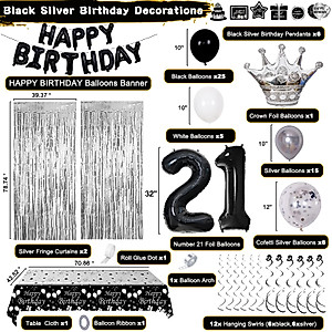 Black and Silver 21st Birthday Decorations for Him Her, Black and White 21 Birthday Party Decorations for Men Boys, Black Silver Happy 21st Birthday Banner Balloons Fringe Curtains Table Cloths Women