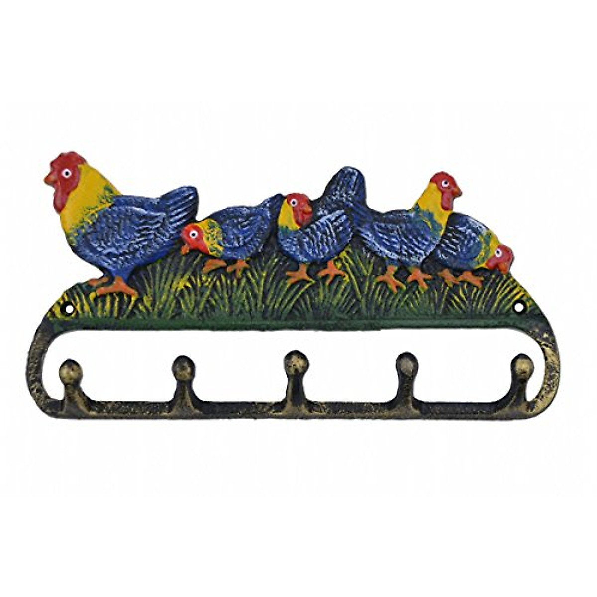 Flag Emotes Rooster & Chickens Wall Hook 3 Piece Set Colorful Painted Cast Iron Coat Hangers Rack