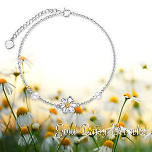Yafeeso Solid 14K White Gold Daisy Bracelet for Women Daisy Flower Link Bracelet Daisy Jewelry Anniversary Birthday Gifts for Her, 6.5+2 Inch