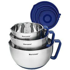 Rorence Mixing Bowls Set: Stainless Steel Non-Slip Bowls with Pour Spout, Handle and Lid - Set of 3 - Blue
